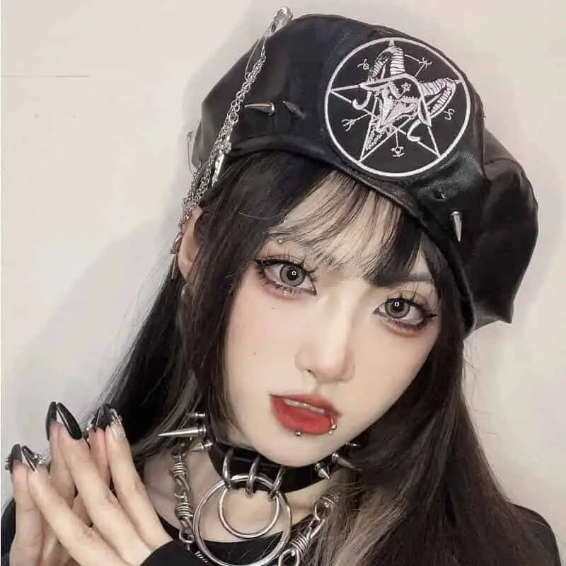 PU Metal Rivet Cross Chain Pin Black Beret Hat - UrbanWearOutsiders